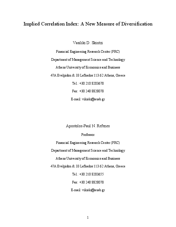 Pdf Implied Correlation Index A New Measure Of Diversification