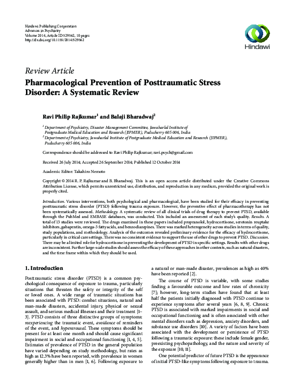 Pdf Pharmacological Prevention Of Posttraumatic Stress Disorder A
