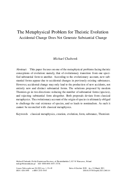 (PDF) The Metaphysical Problem for Theistic Evolution: Accidental ...