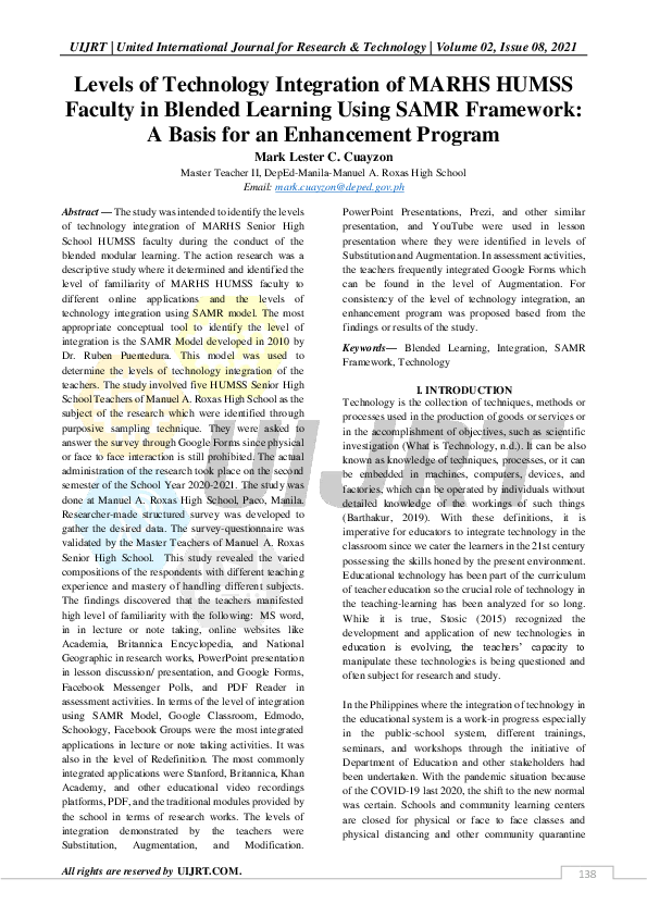 (PDF) Levels of Technology Integration of MARHS HUMSS Faculty in ...