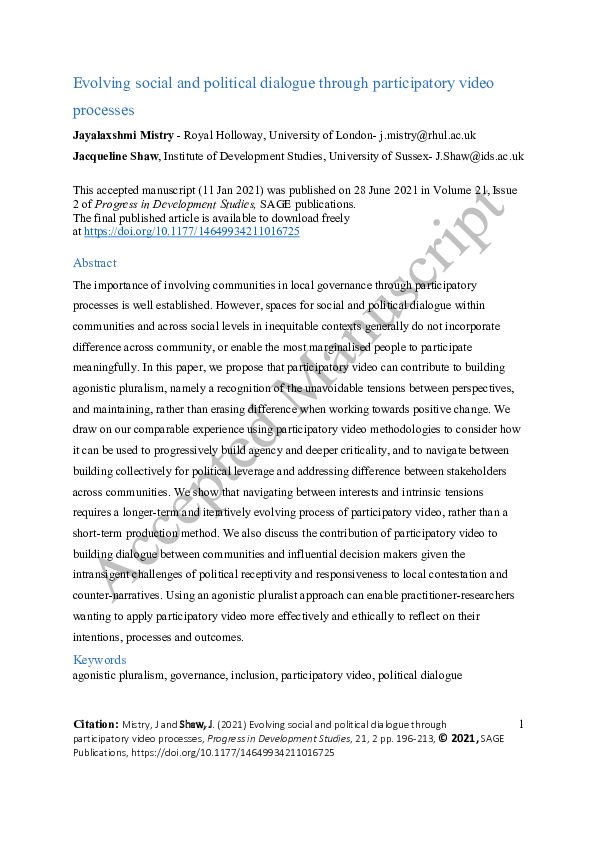 (PDF) Evolving social and political dialogue through participatory ...