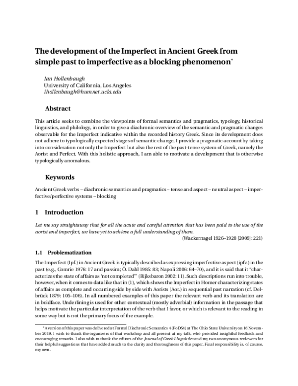 (PDF) The development of the Imperfect in Ancient Greek from simple ...
