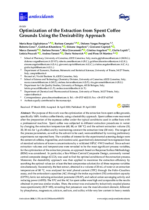 (PDF) Optimization of the Extraction from Spent Coffee Grounds Using the Desirability Approach