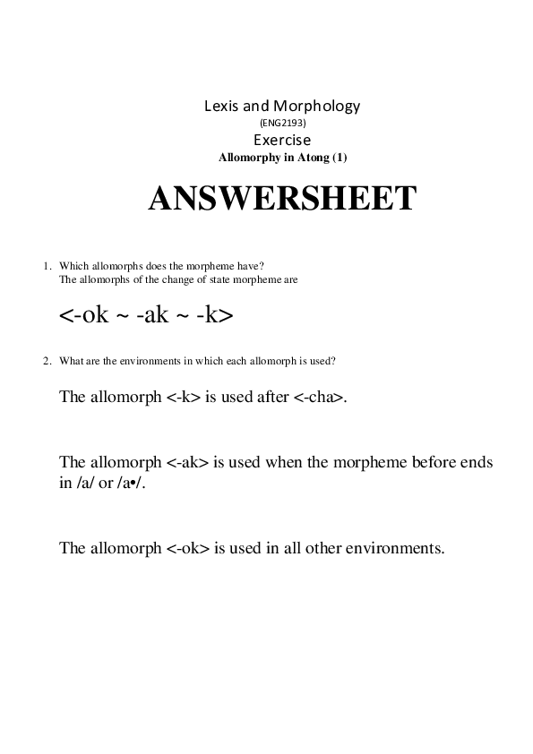 (PDF) Exercise Allomorphy in Atong (1) ANSWERS