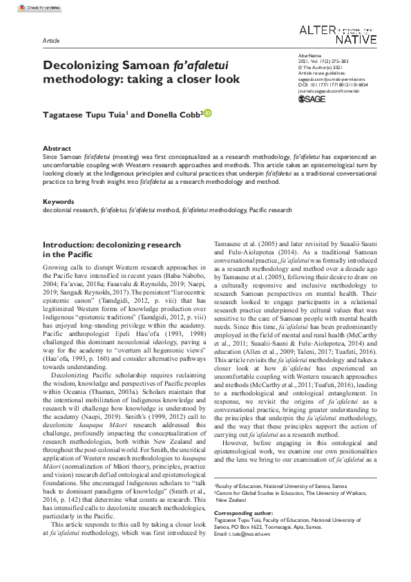 (PDF) Decolonizing Samoan fa'afaletui methodology: taking a closer look