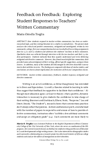 (PDF) Feedback on Feedback: Exploring Student Responses to Teachers ...