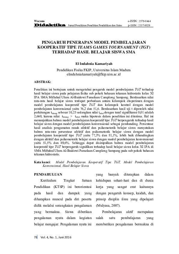 (PDF) Pengaruh Penerapan Model Pembelajaran Kooperatif Tipe Teams Games Tournament (TGT ...