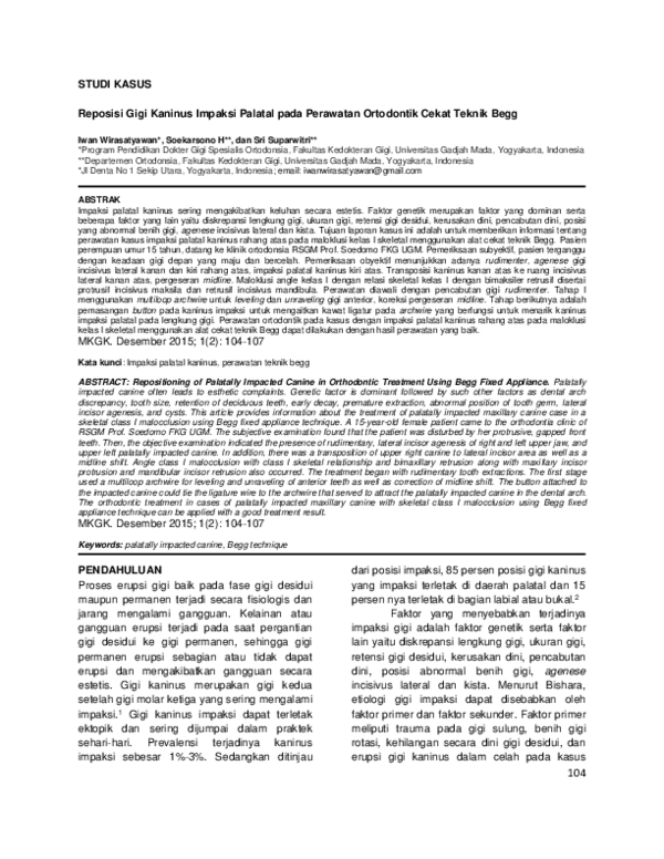 (PDF) Reposisi Gigi Kaninus Impaksi Palatal pada Perawatan Ortodontik ...