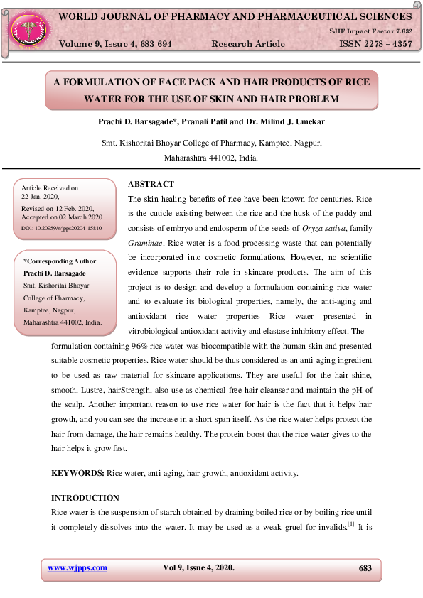 (PDF) A FORMULATION OF FACE PACK AND HAIR PRODUCTS OF RICE WATER FOR ...
