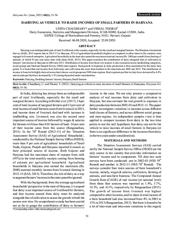 (PDF) DAIRYING AS VEHICLE TO RAISE INCOMES OF SMALL FARMERS IN HARYANA