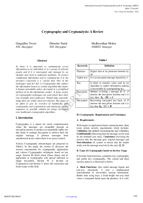(PDF) IJERT-Cryptography and Cryptanalysis: A Review
