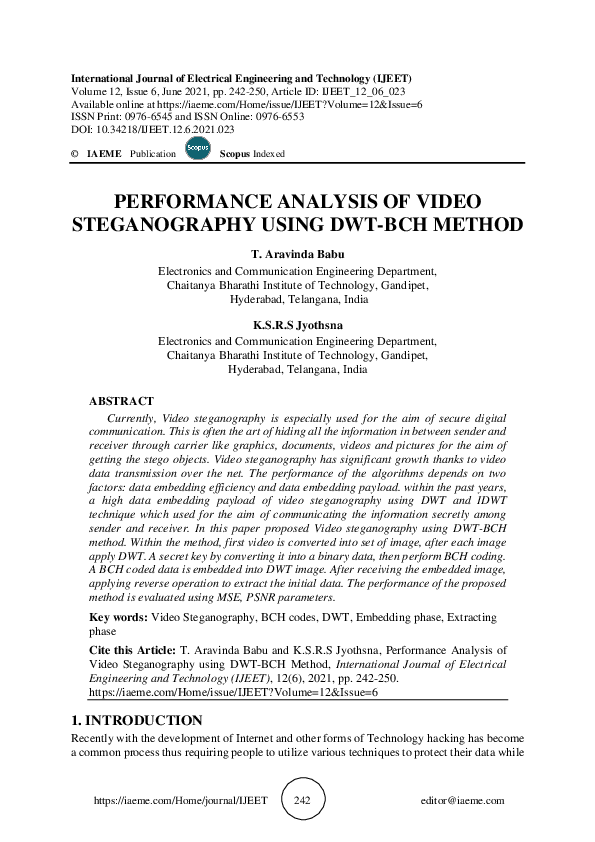 Pdf Performance Analysis Of Video Steganography Using Dwt Bch Method