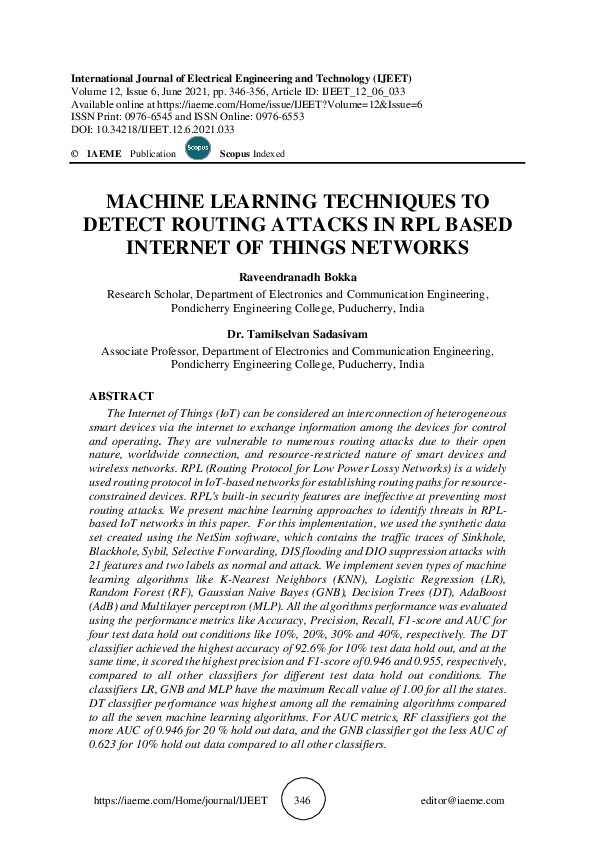 (PDF) MACHINE LEARNING TECHNIQUES TO DETECT ROUTING ATTACKS IN RPL BASED INTERNET OF THINGS NETWORKS