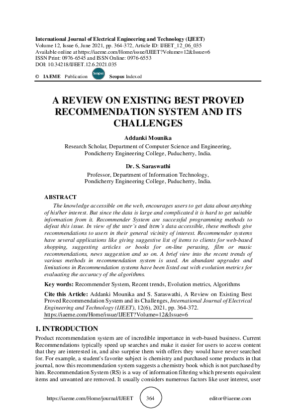(PDF) A REVIEW ON EXISTING BEST PROVED RECOMMENDATION SYSTEM AND ITS ...