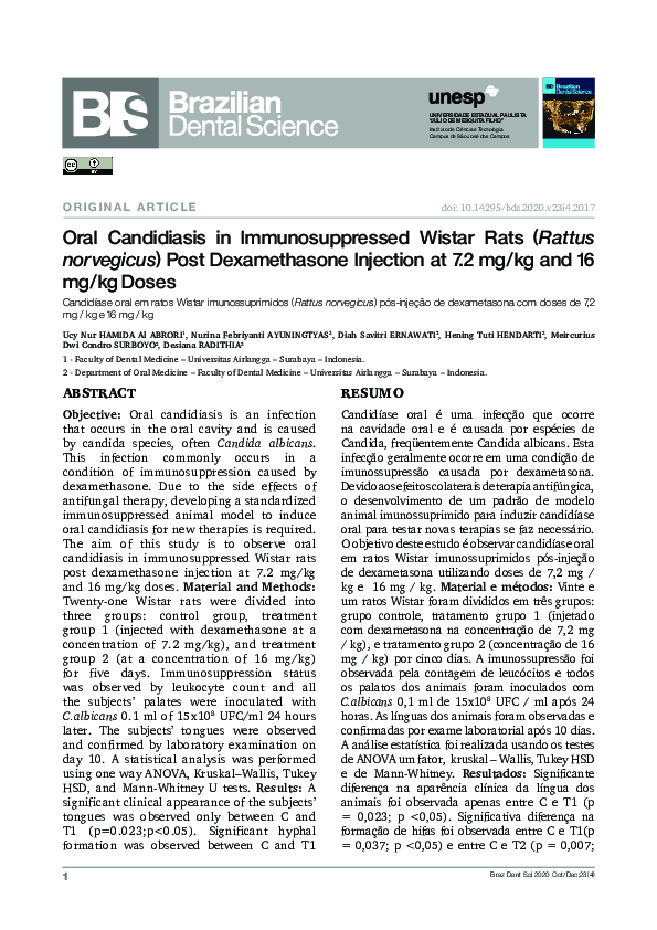 (PDF) Oral Candidiasis in Immunosuppressed Wistar Rats (Rattus ...