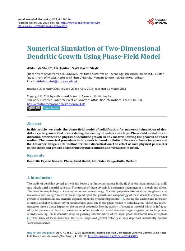 Pdf Numerical Simulation Of Two Dimensional Dendritic Growth Using Phase Field Model