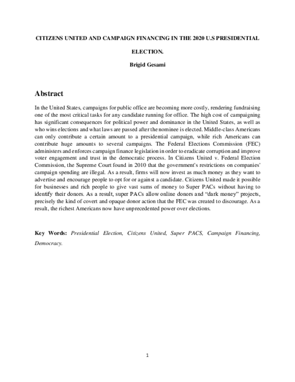 (PDF) CITIZENS UNITED AND CAMPAIGN FINANCING IN THE 2020 U.S ...