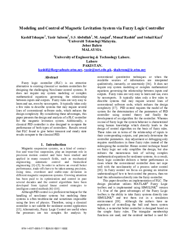 (PDF) Modeling and control of magnetic levitation system via fuzzy logic controller