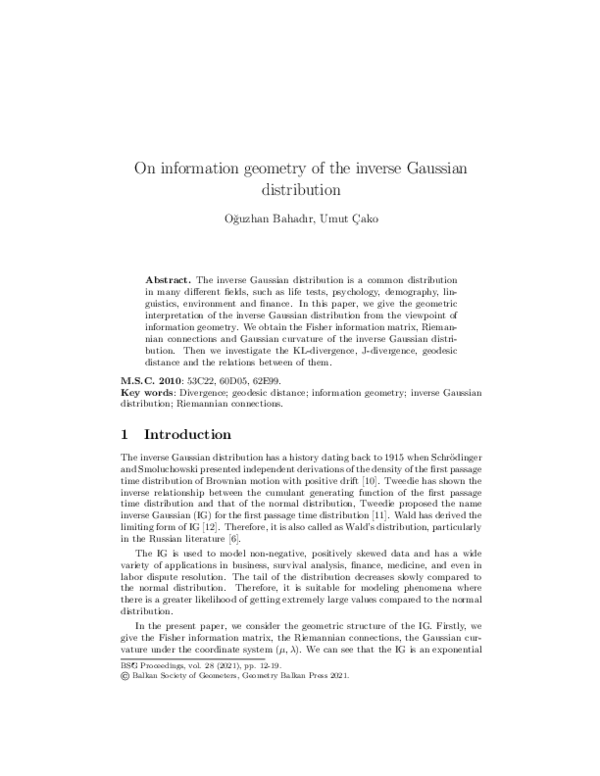 (PDF) On information geometry of the inverse Gaussian distribution