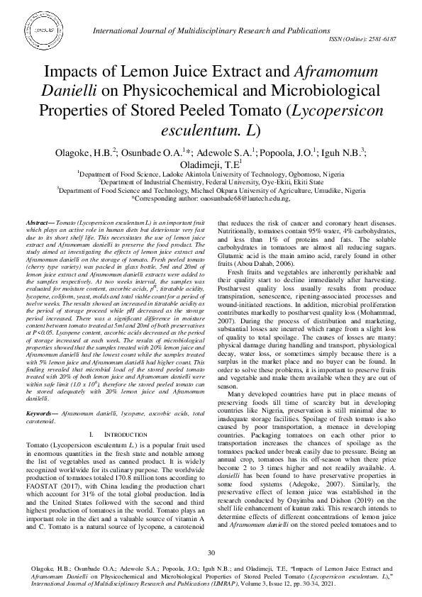 (PDF) Impacts of Lemon Juice Extract and Aframomum Danielli on Physicochemical and ...