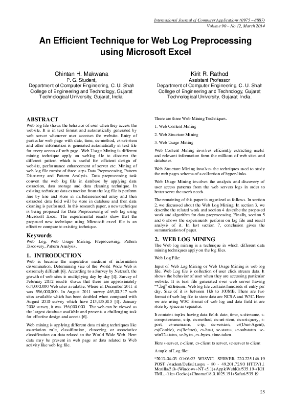 (PDF) An Efficient Technique for Web Log Preprocessing using Microsoft Excel