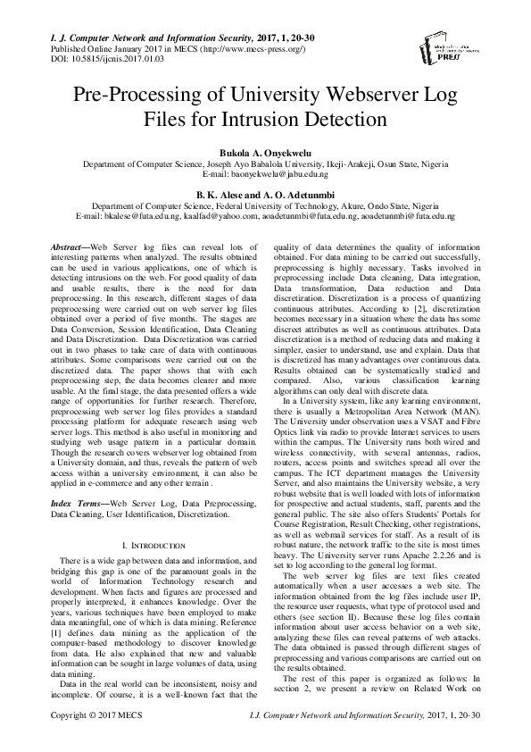 (PDF) Pre-Processing of University Webserver Log Files for Intrusion Detection