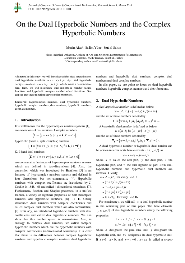 (PDF) On the Dual Hyperbolic Numbers and the Complex Hyperbolic Numbers