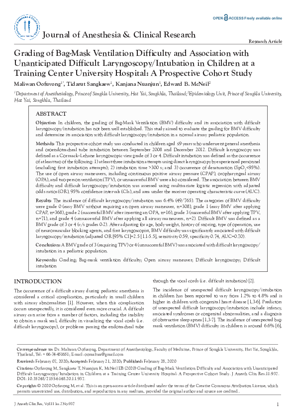 (PDF) Grading of Bag-Mask Ventilation Difficulty and Association with ...