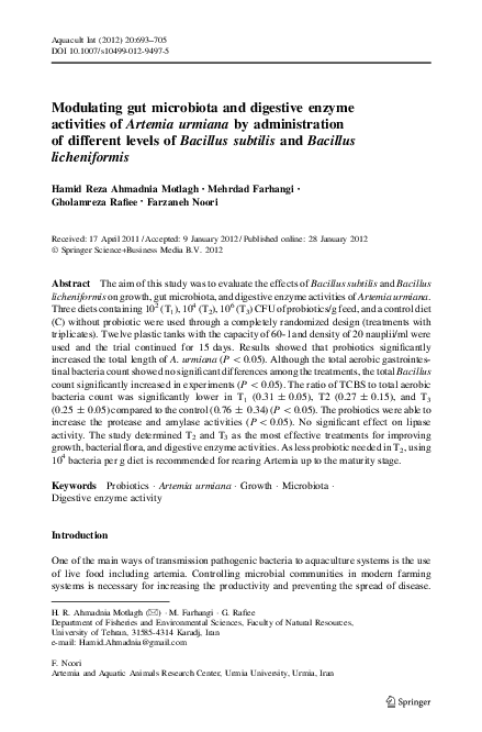 (PDF) Modulating gut microbiota and digestive enzyme activities of Artemia urmiana by ...