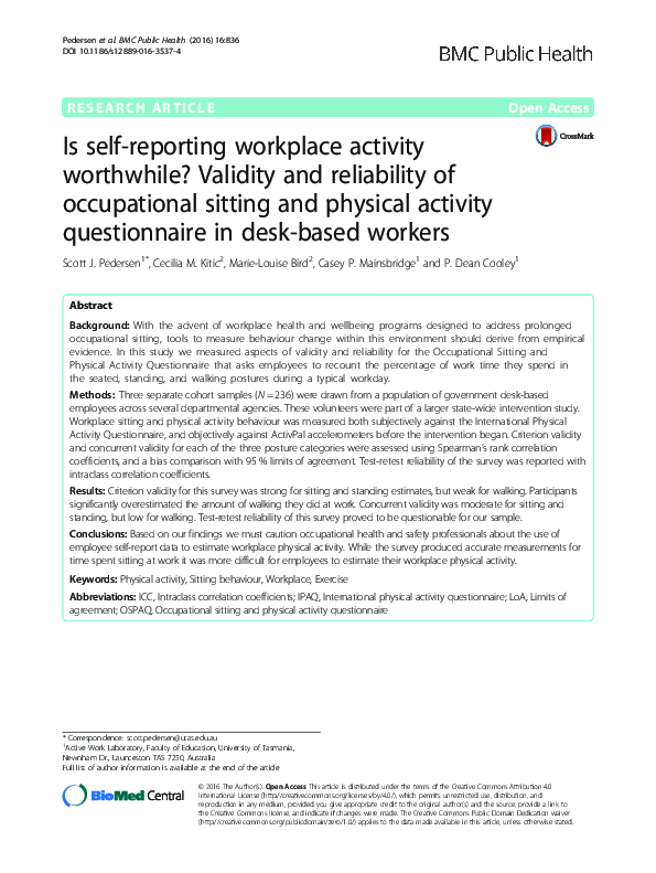 (PDF) Is self-reporting workplace activity worthwhile? Validity and reliability of occupational ...