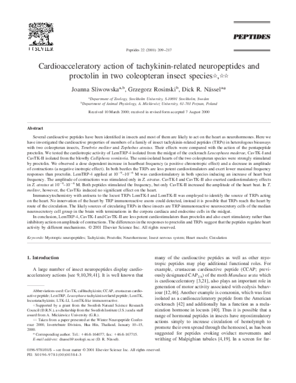 (PDF) Cardioacceleratory action of tachykinin-related neuropeptides and ...