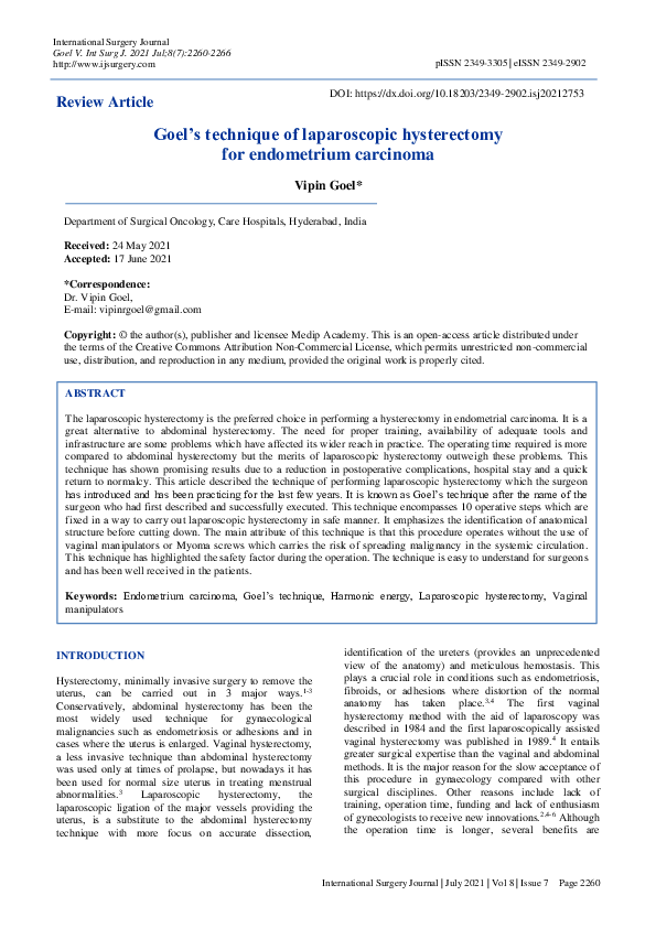 (PDF) Goel's technique of laparoscopic hysterectomy for endometrium ...