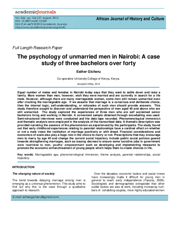 (PDF) The psychology of unmarried men in Nairobi: A case study of three ...