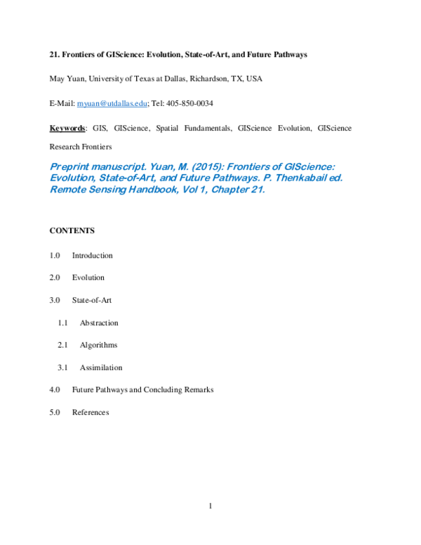 (PDF) Frontiers of GIScience: Evolution, State-of-Art, and Future Pathways