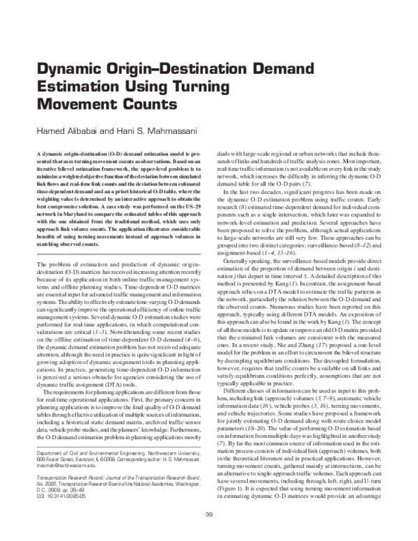 Pdf Dynamic Origin Destination Demand Estimation Using Turning Movement Counts Hani