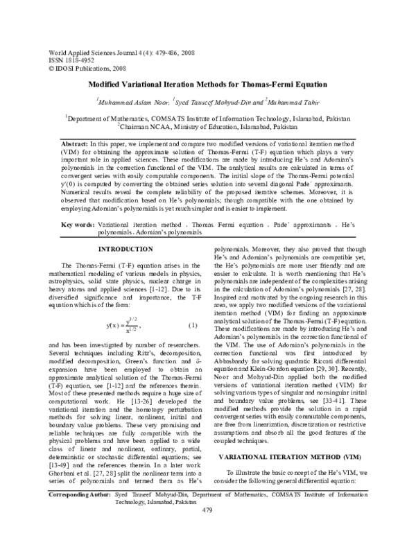 (PDF) Modified variational iteration methods for Thomas-Fermi equation