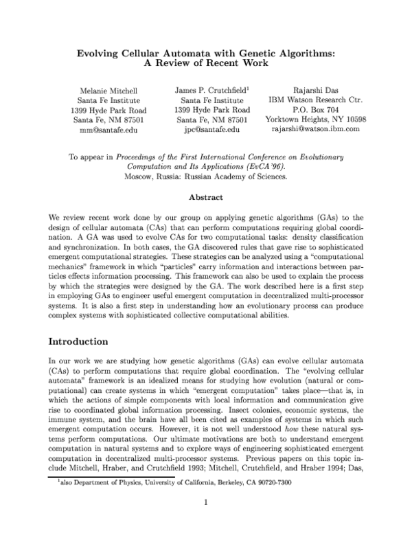 (PDF) Evolving cellular automata with genetic algorithms: A review of recent work | James ...