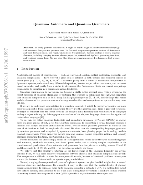 (PDF) Quantum automata and quantum grammars