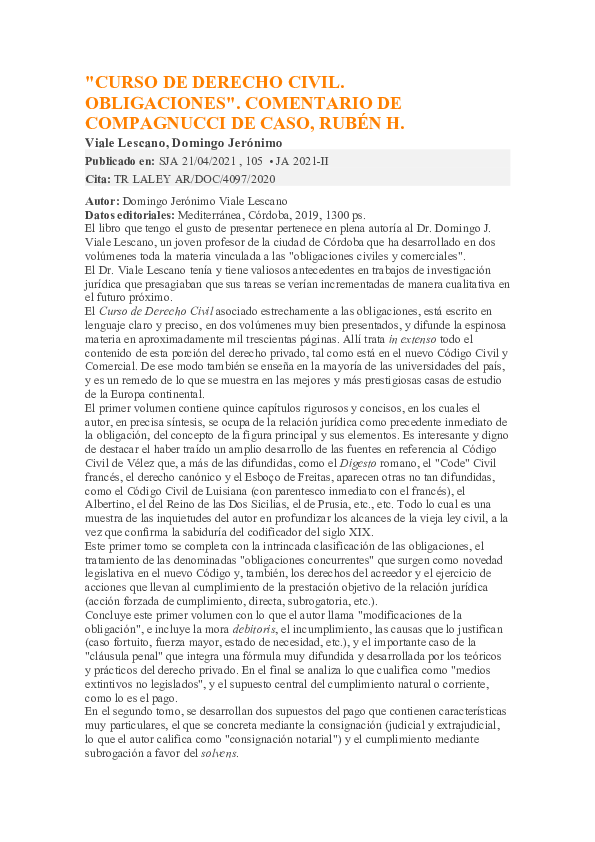 (DOC) "CURSO DE DERECHO CIVIL. OBLIGACIONES". COMENTARIO DE COMPAGNUCCI ...