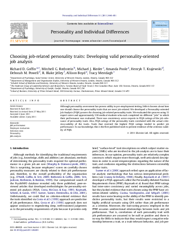 (PDF) Choosing job-related personality traits: Developing valid ...