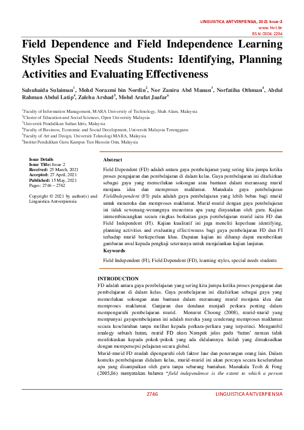 (PDF) Field Dependence and Field Independence Learning Styles Special ...