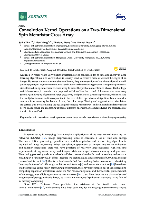 (PDF) Convolution Kernel Operations on a Two-Dimensional Spin Memristor Cross Array
