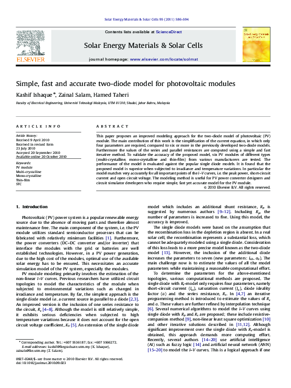 (PDF) Simple, fast and accurate two-diode model for photovoltaic modules