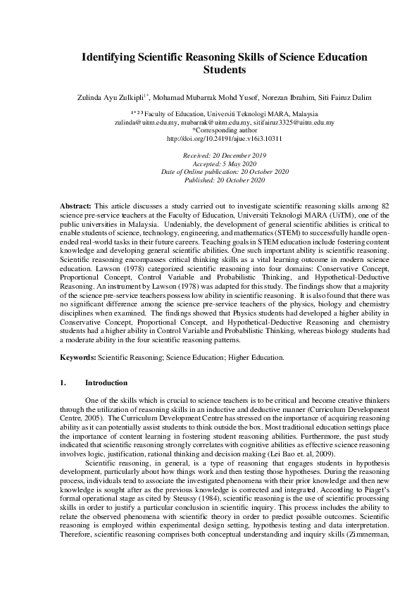 (PDF) Identifying Scientific Reasoning Skills Of Science Education Students