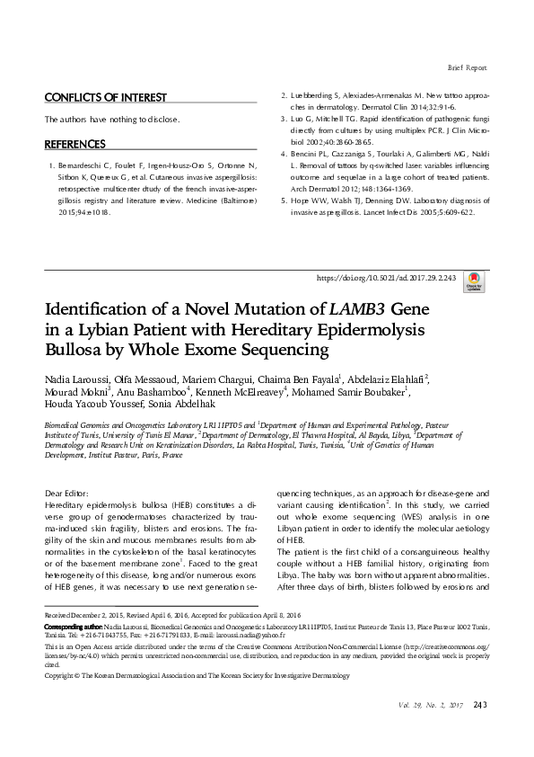 (PDF) Identification of a Novel Mutation of LAMB3 Gene in a Lybian Patient with Hereditary ...