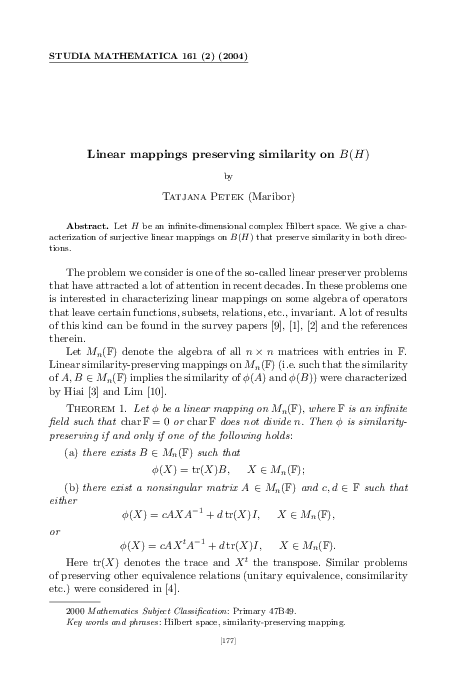 (PDF) Linear mappings preserving similarity on B(H)