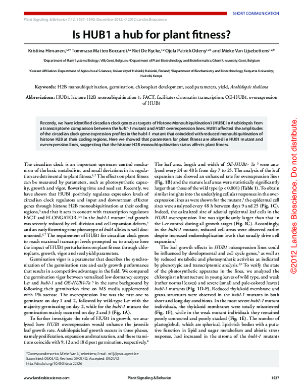 (PDF) Is HUB1 a hub for plant fitness?
