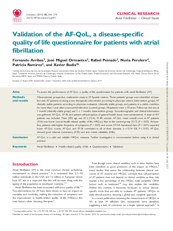 (PDF) Validation of the AF-QoL, a disease-specific quality of life questionnaire for patients ...
