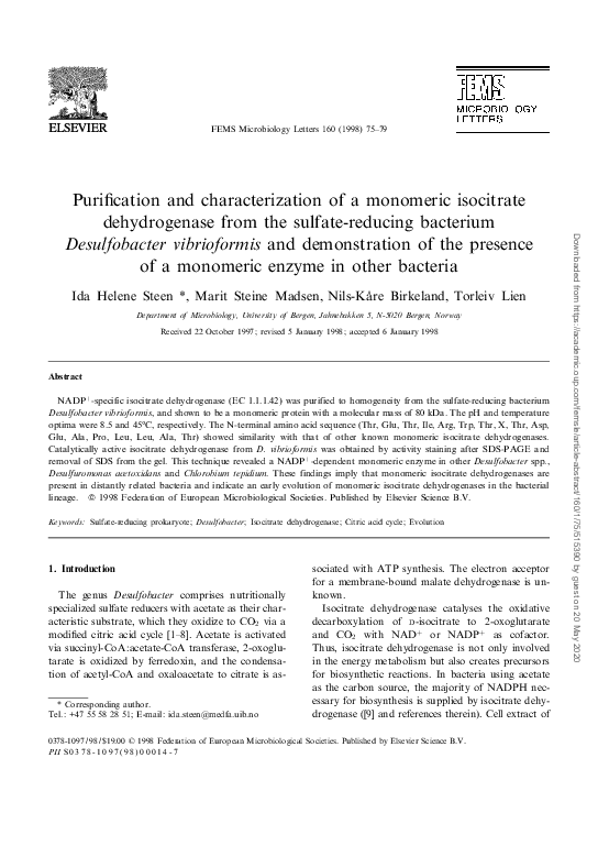 (PDF) Purification and characterization of a monomeric isocitrate ...