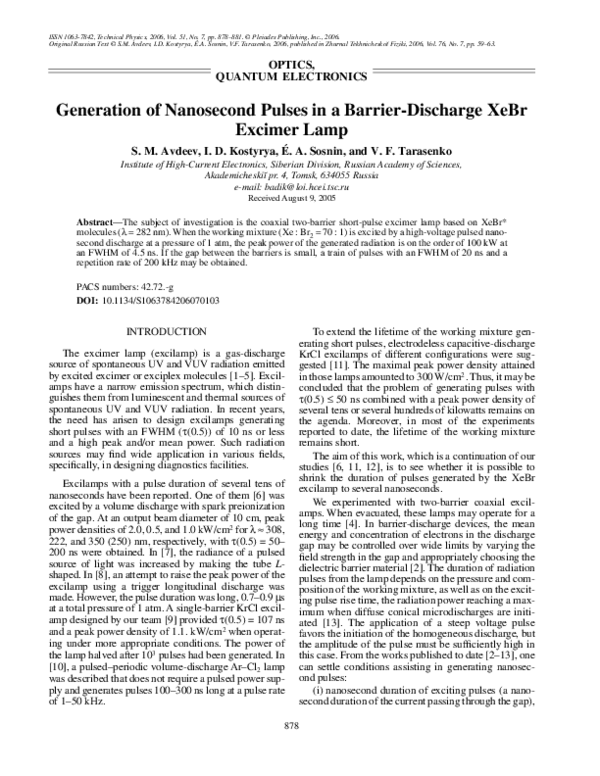 (PDF) Generation of nanosecond pulses in a barrier-discharge XeBr ...
